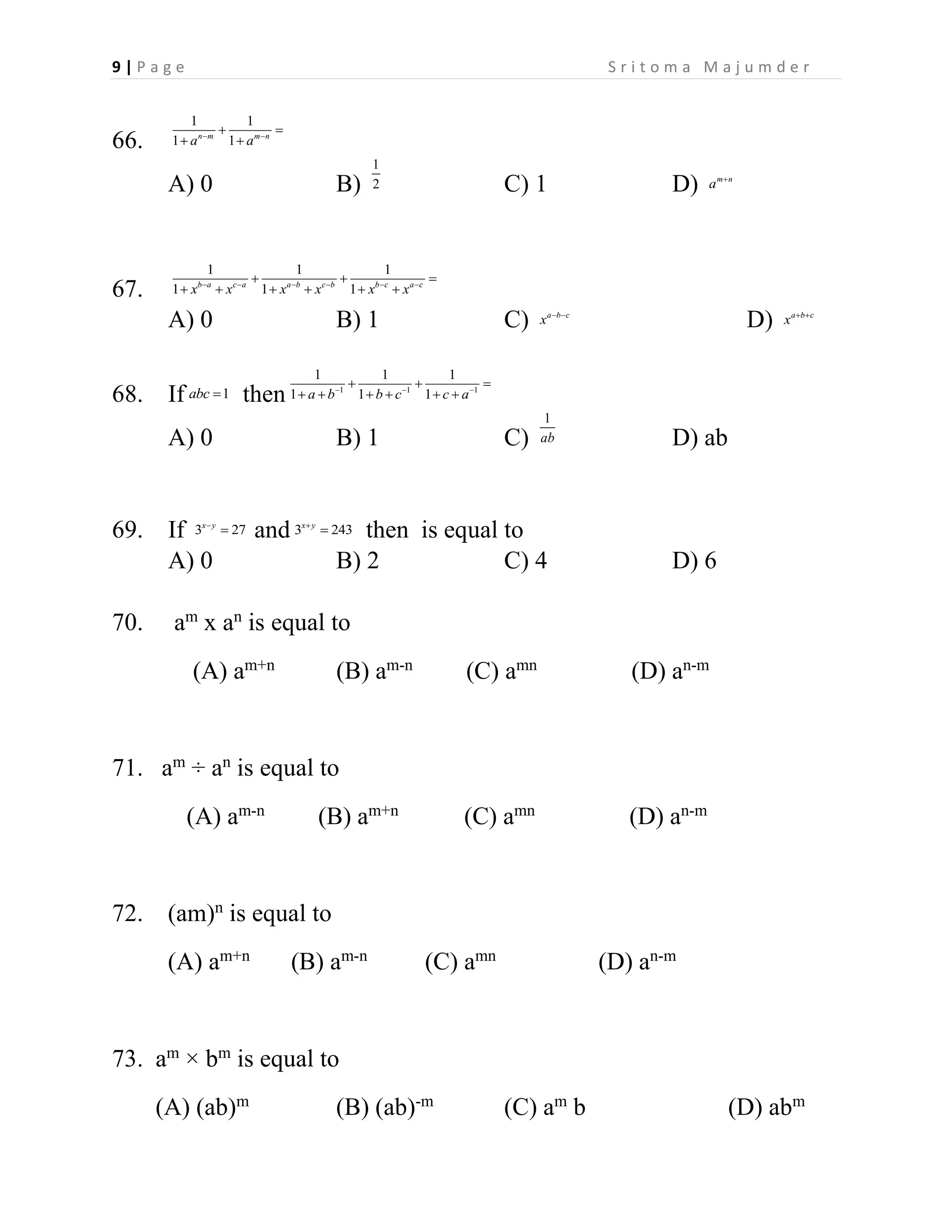 CBSE - Grade 8 - Mathematics - Exponents and Powers - Multiple Choice ...