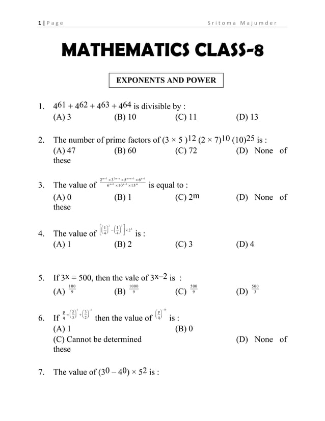 CBSE - Grade 8 - Mathematics - Exponents and Powers - Multiple Choice ...