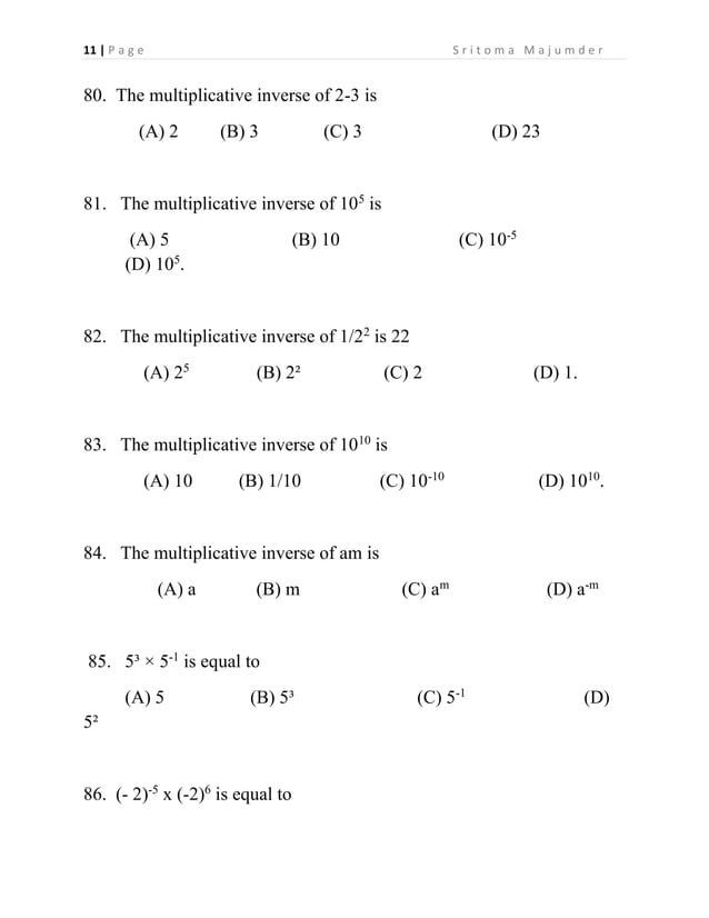 CBSE - Grade 8 - Mathematics - Exponents and Powers - Multiple Choice ...