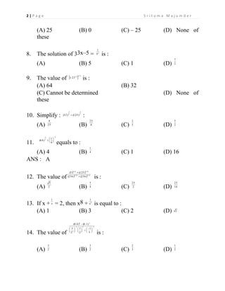 CBSE - Grade 8 - Mathematics - Exponents and Powers - Multiple Choice ...