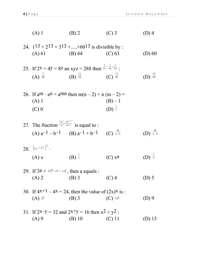 CBSE - Grade 8 - Mathematics - Exponents and Powers - Multiple Choice ...