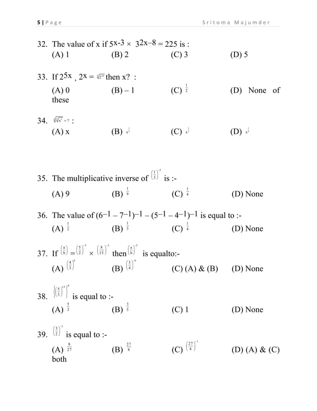CBSE - Grade 8 - Mathematics - Exponents and Powers - Multiple Choice Questions - Worksheet | PDF