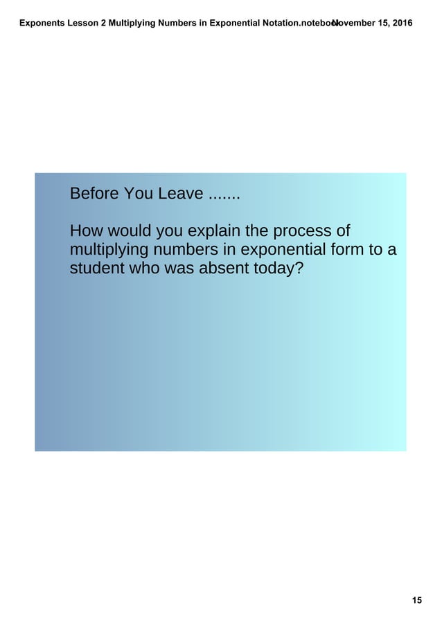 Exponents lesson 2 multiplying numbers in exponential notation | PDF | Homework and Study ...