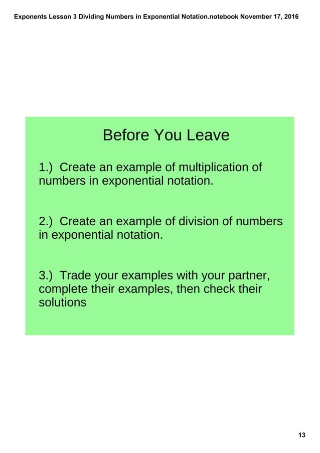 Exponents lesson 3 dividing numbers in exponential notation | PDF