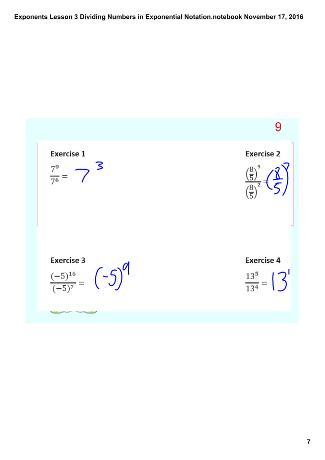 Exponents lesson 3 dividing numbers in exponential notation | PDF