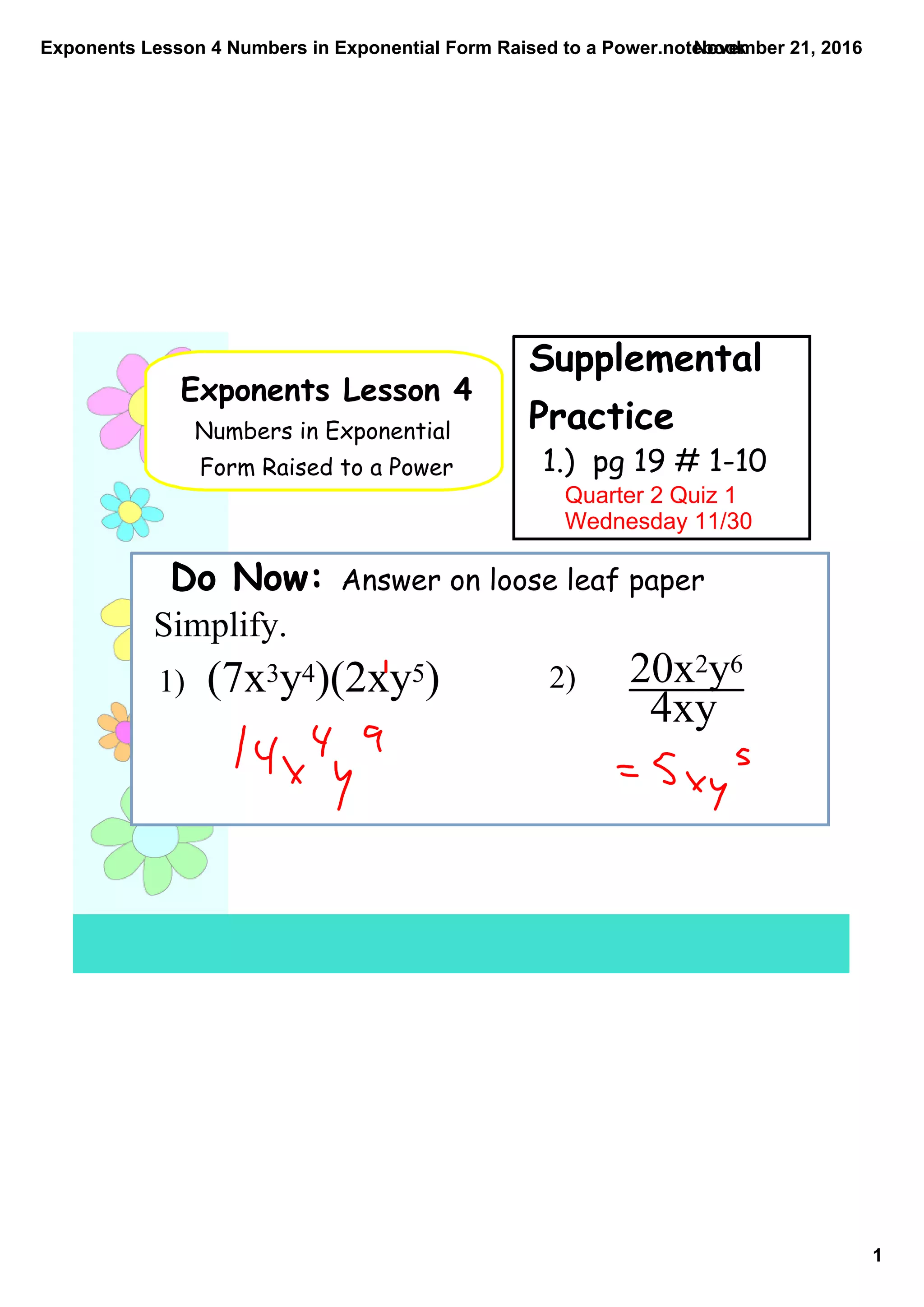 Exponents lesson 4 numbers in exponential form raised to a power | PDF