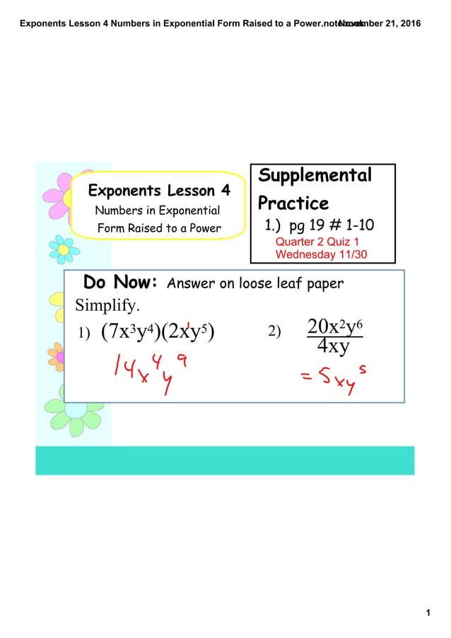 Exponents lesson 4 numbers in exponential form raised to a power | PDF