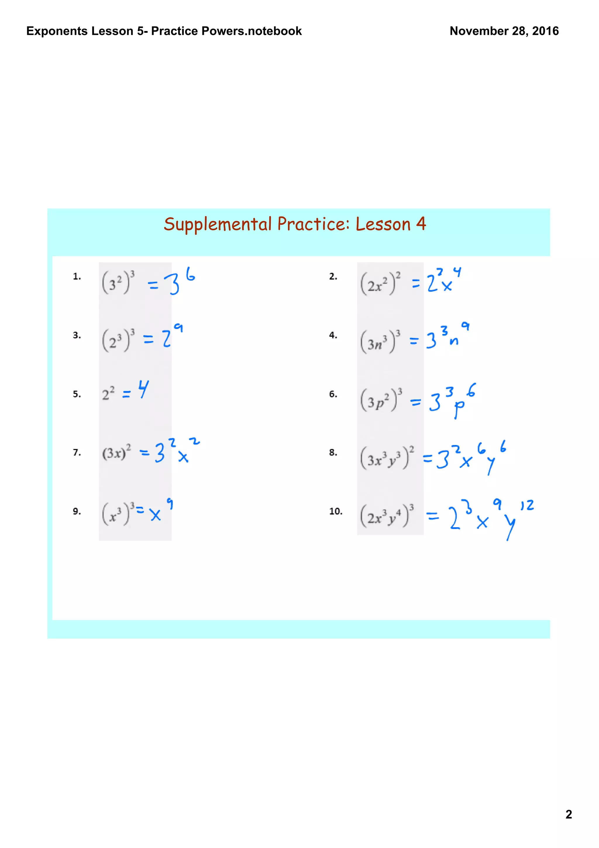 Exponents lesson 5 practice powers | PDF