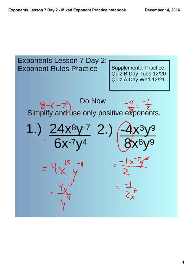Exponents lesson 7 day 2 mixed exponent practice | PDF