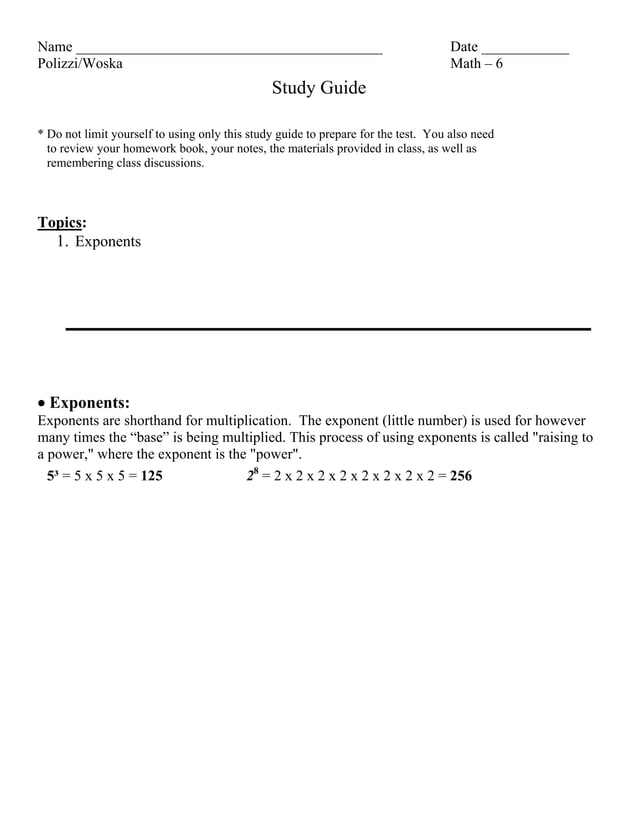 Exponents Study Guide | PDF