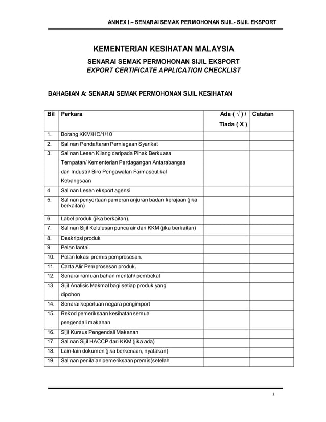 Malaysia Food Export Certificate Application Checklist | PDF