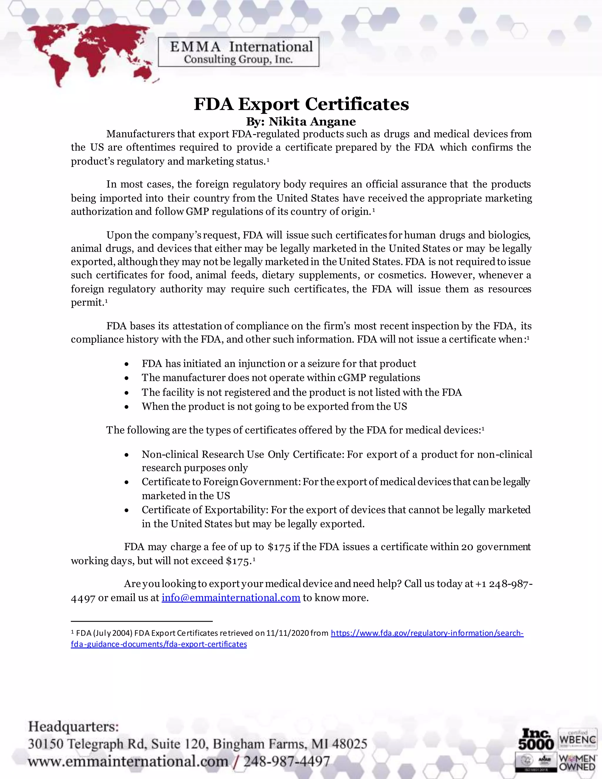 FDA Export Certificates | DOCX