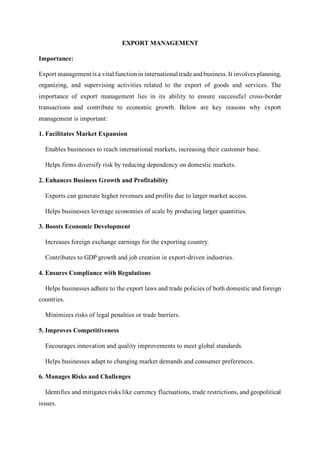 EXPORT MANAGEMENT IMPORTANCE AND FEATURES | PDF