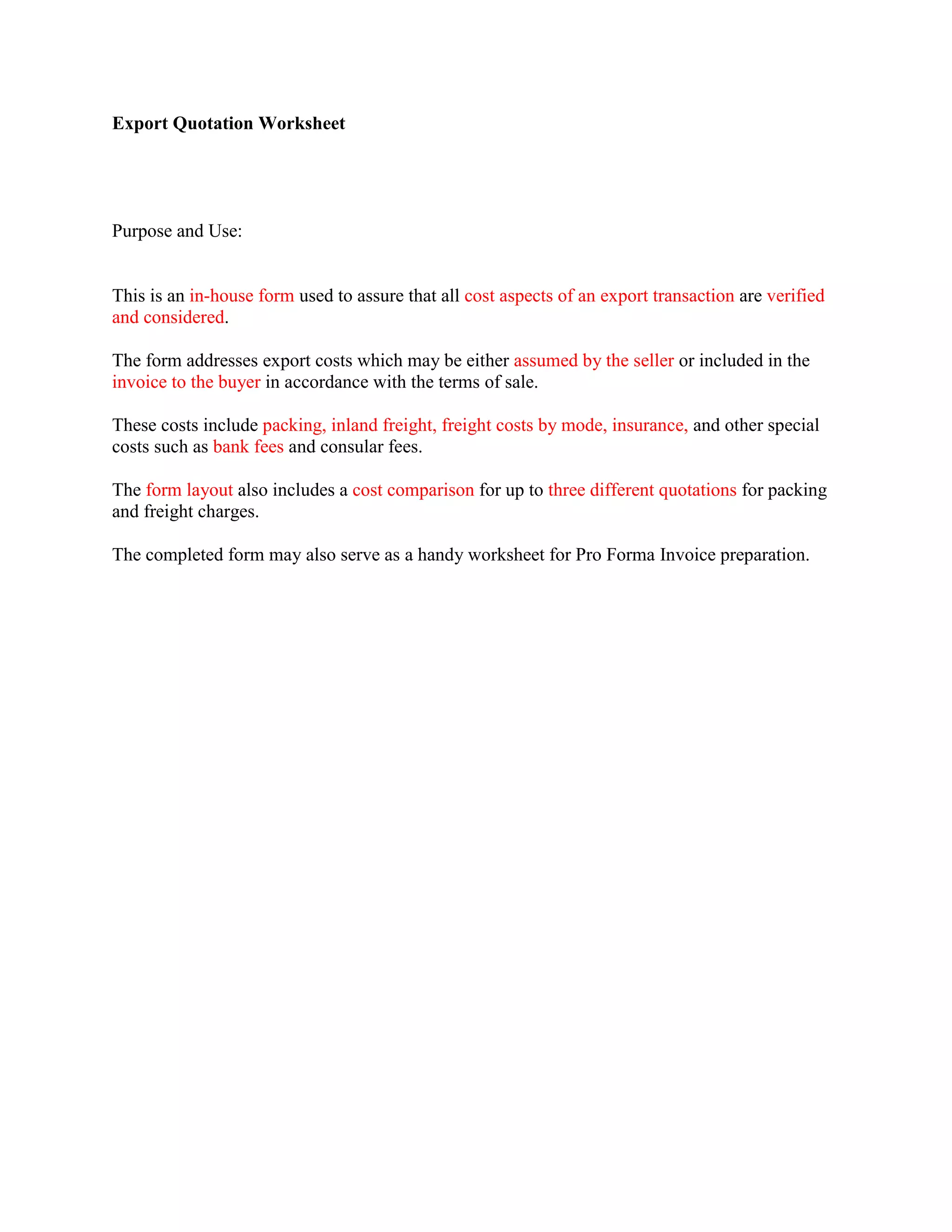 Export quotation worksheet | DOCX