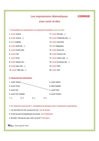 Expressions avec avoir et etre exercices et corrige | PDF