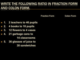 Expresses ratio using either the colon or fraction.pptx