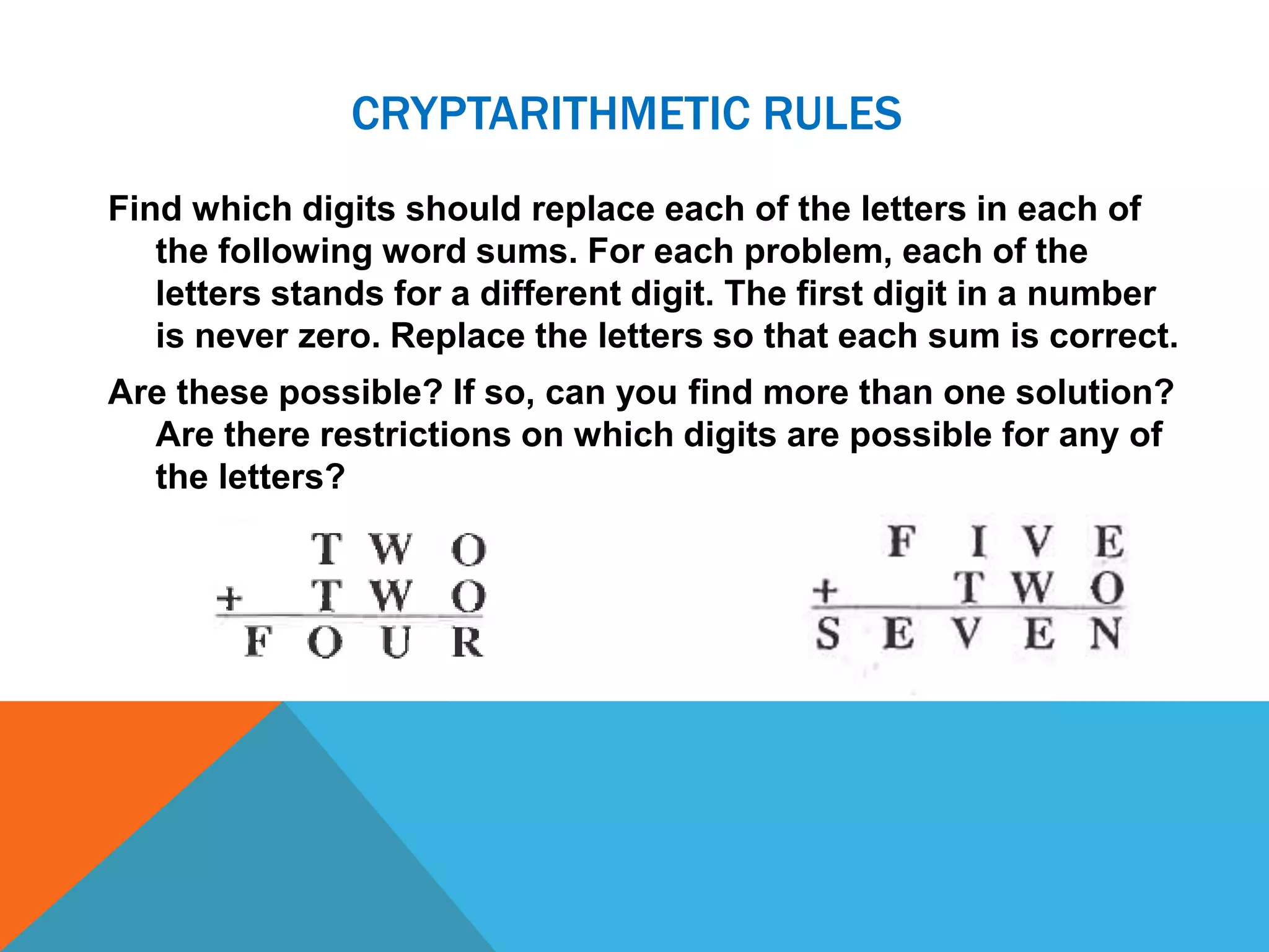 Expressions and equations with cryptarithmetic | PPT | Free download