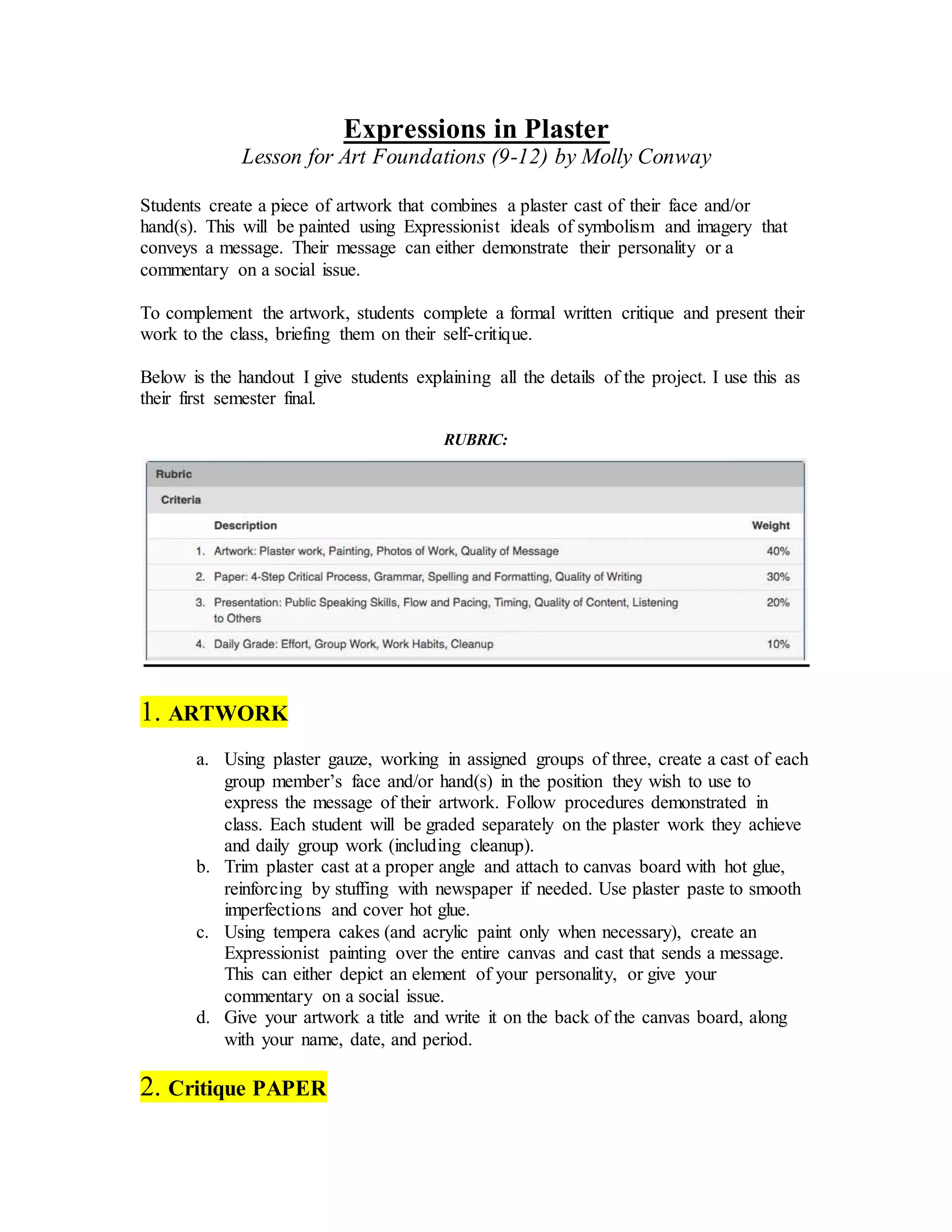 Expressions in plaster lesson plan | PDF