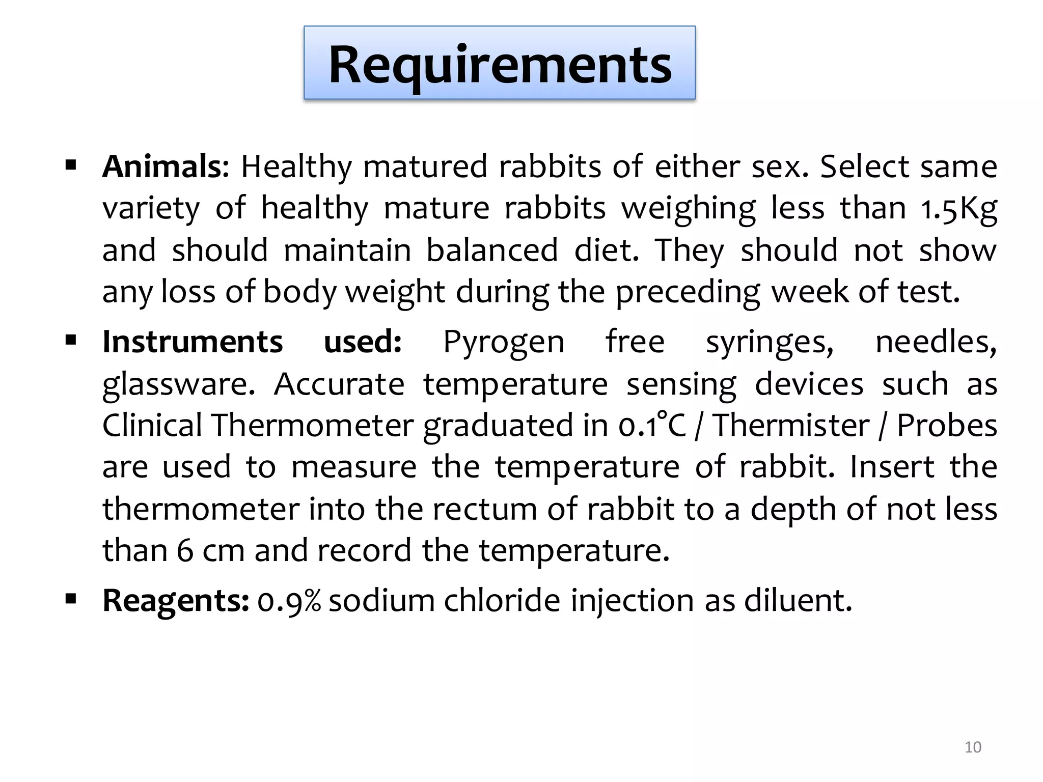 Expt. 9 Test for pyrogens ( rabbit method) | PDF | Chemistry | Science