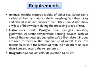 Expt. 9 Test for pyrogens ( rabbit method) | PDF