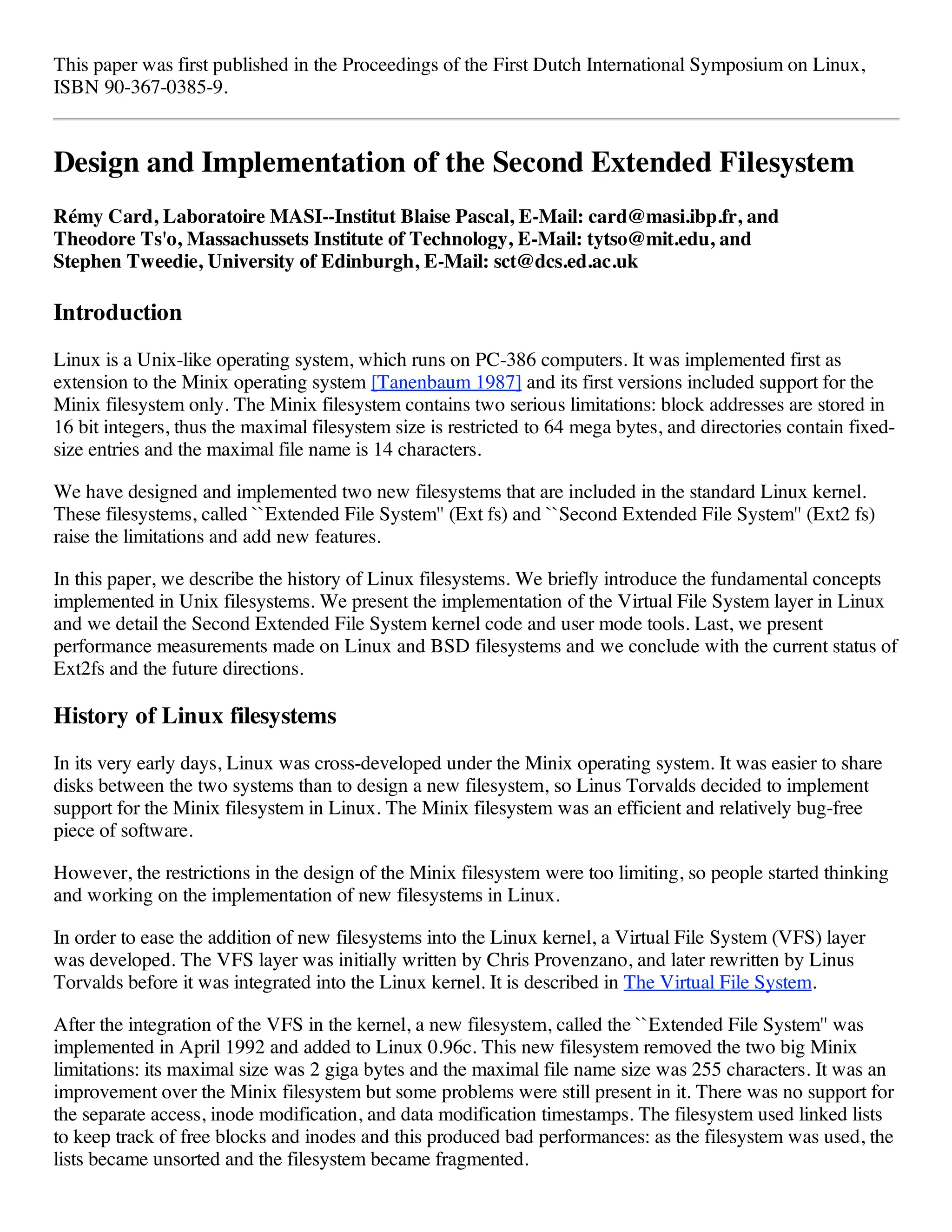 design and implementation of the ext2 filesystem on linux | PDF
