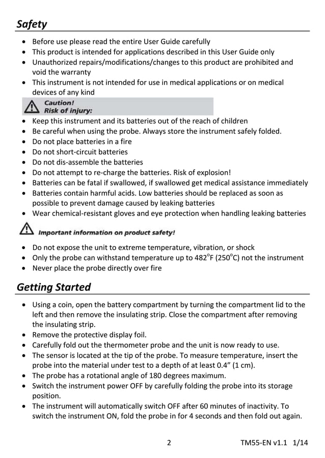 Hướng dẫn sử dụng bút đo nhiệt độ thực phẩm - Extech TM55 manual | PDF