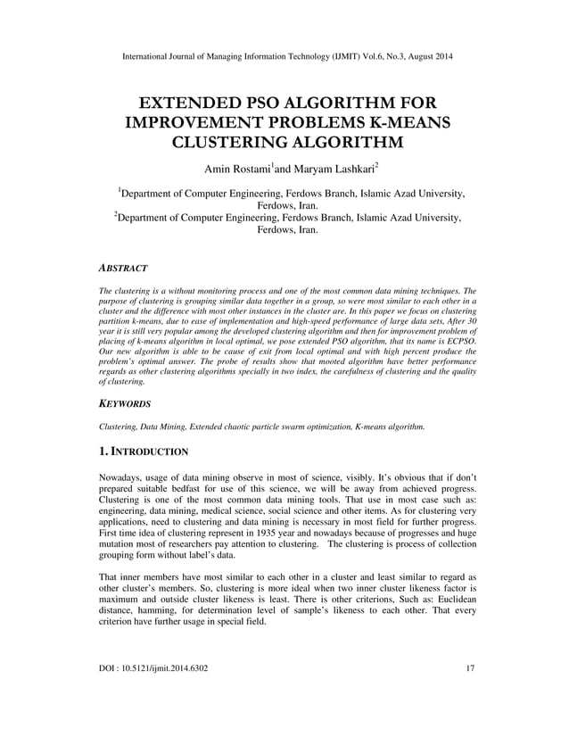 Extended pso algorithm for improvement problems k means clustering algorithm | PDF
