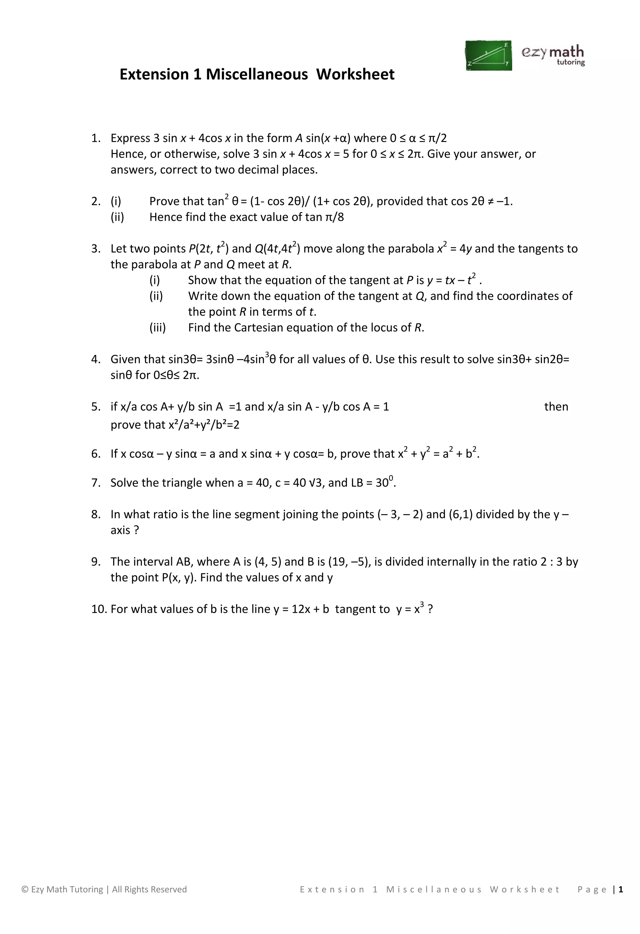Extension 1 miscellaneous worksheet | PDF