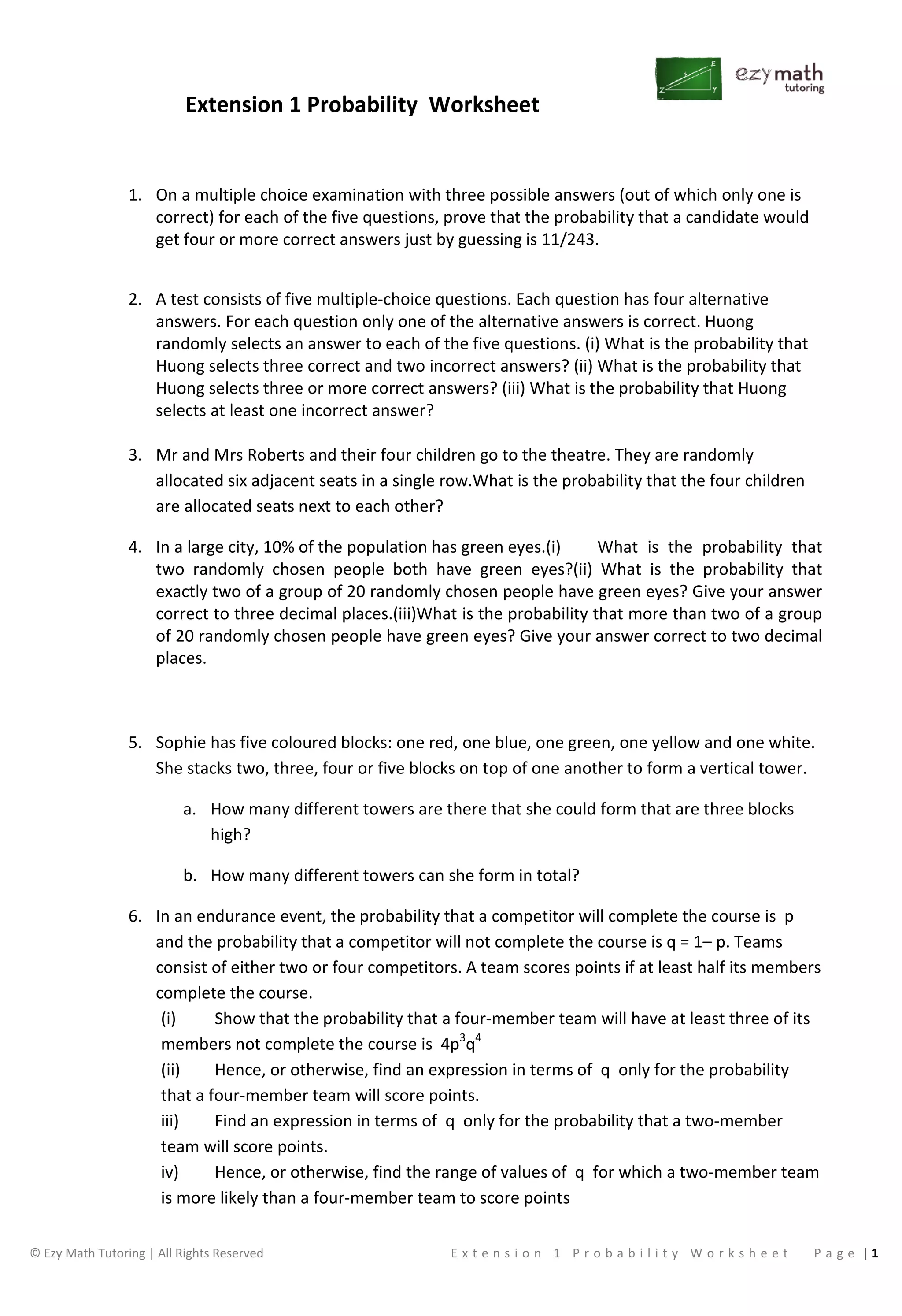 Extension 1 probability worksheet | PDF | Science