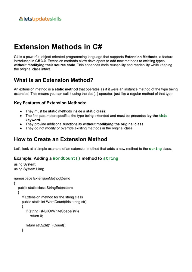 Extension Methods in C#, Extension Methods in C# | DOCX