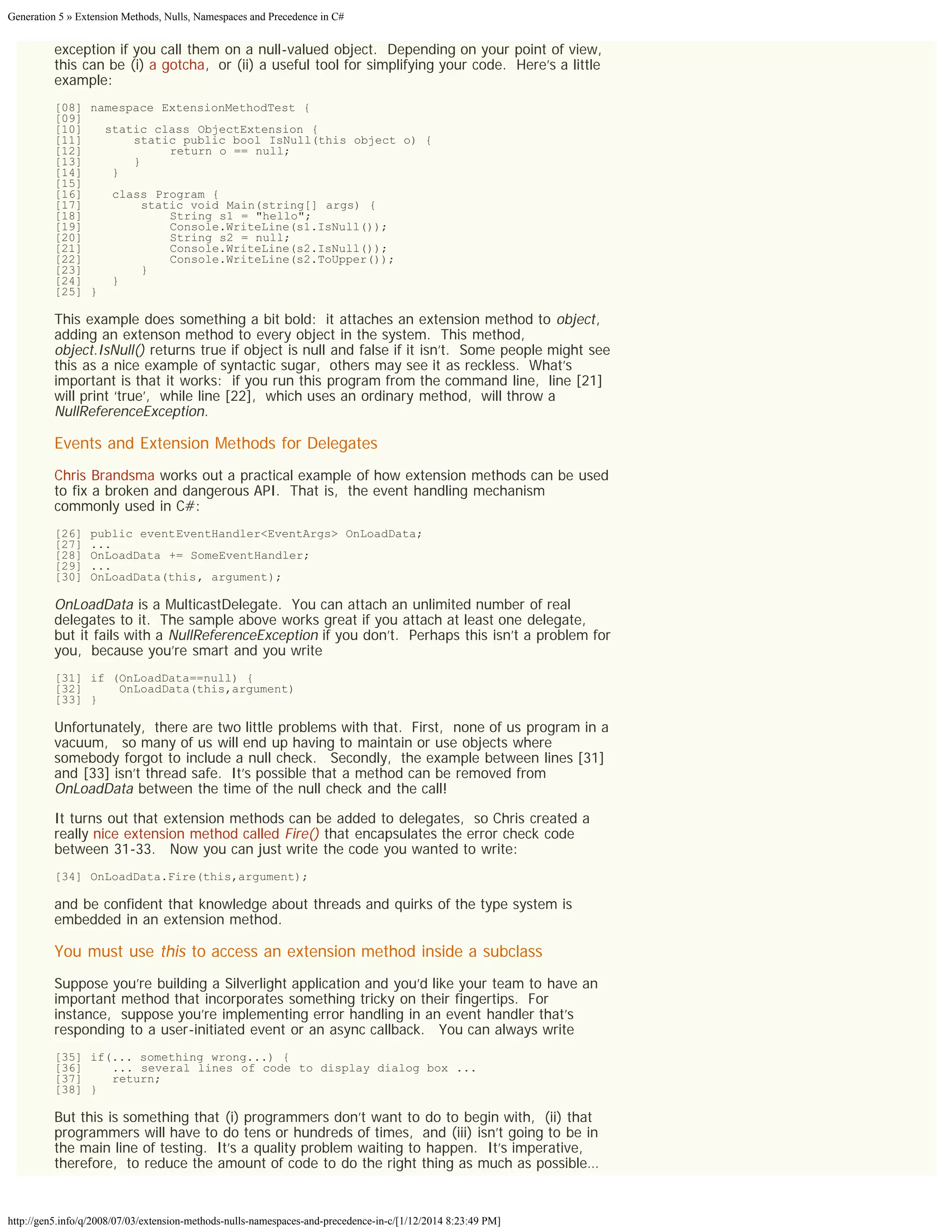 Extension methods, nulls, namespaces and precedence in c# | PDF