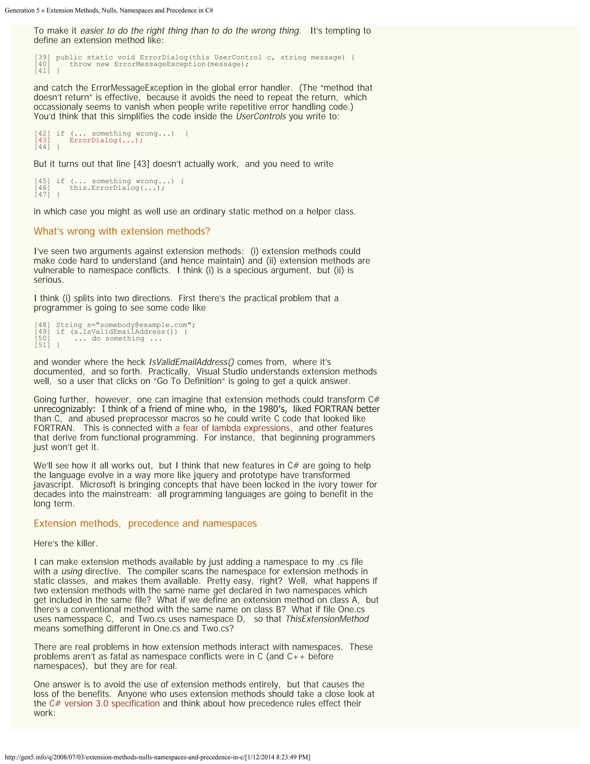 Extension methods, nulls, namespaces and precedence in c# | PDF