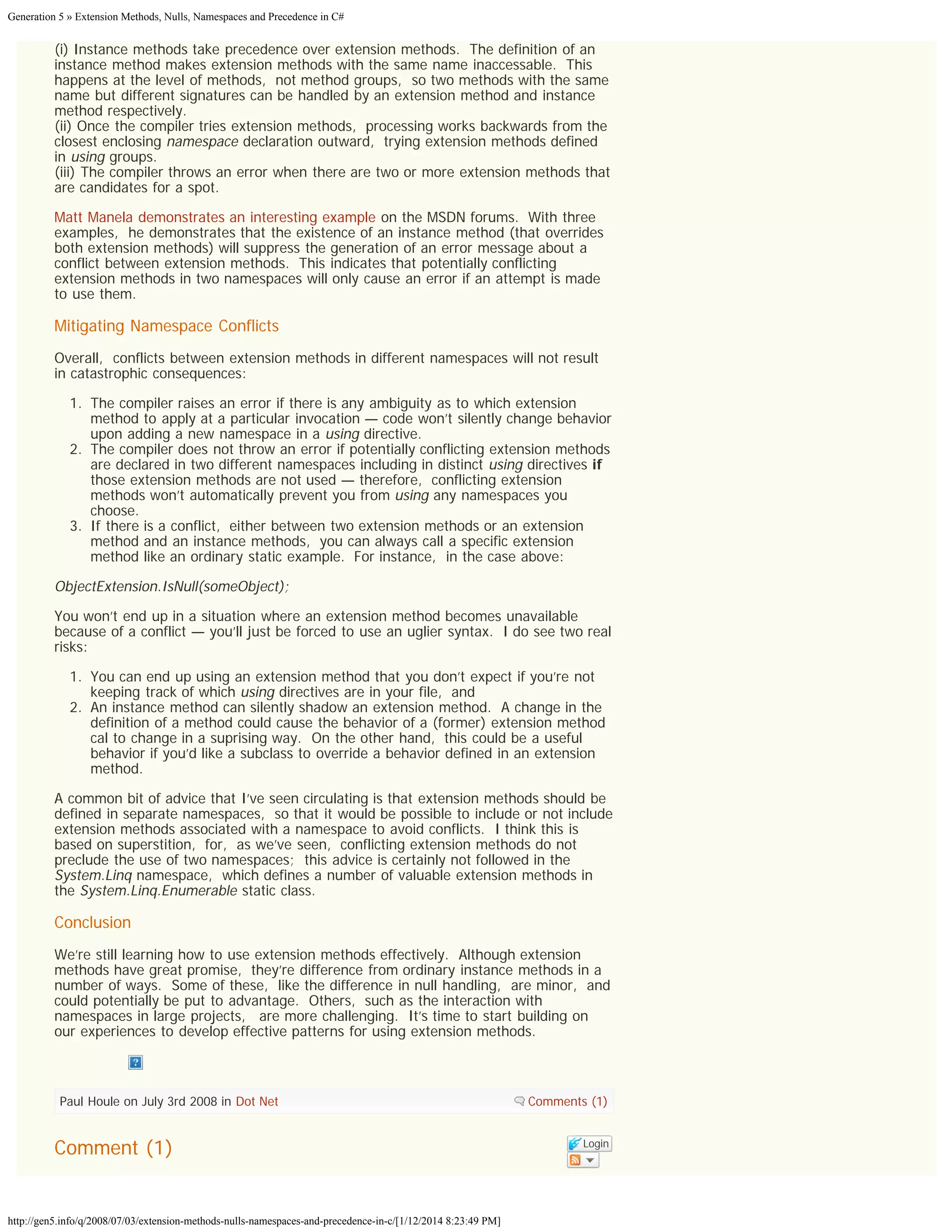 Extension Methods Nulls Namespaces And Precedence In C Pdf 