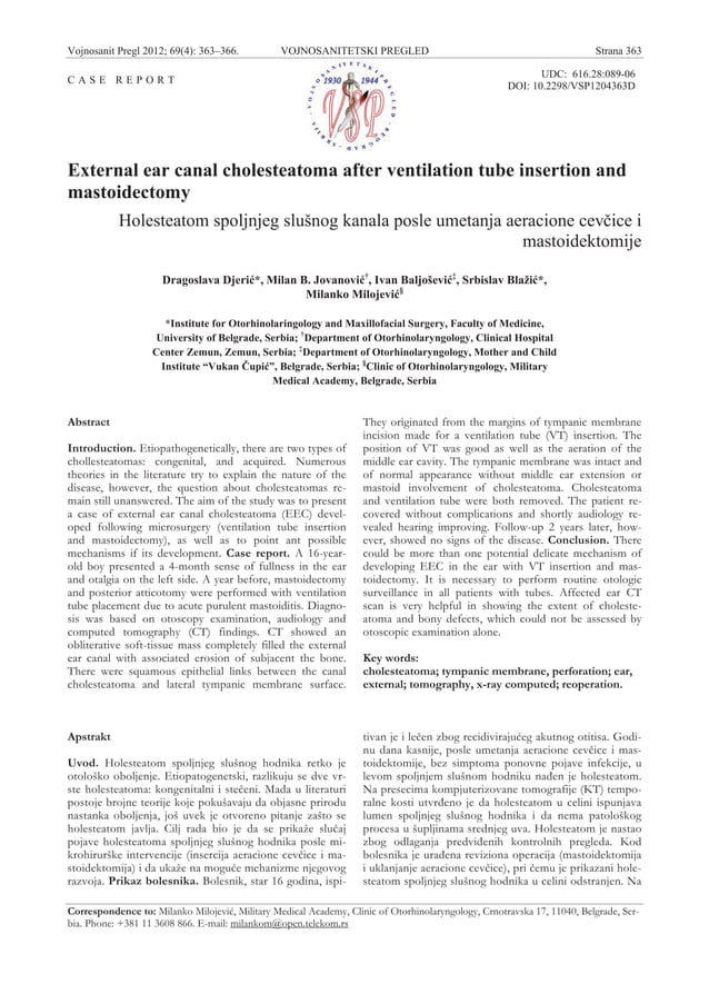External ear canal cholesteatoma after ventilation tube insertion | PDF ...