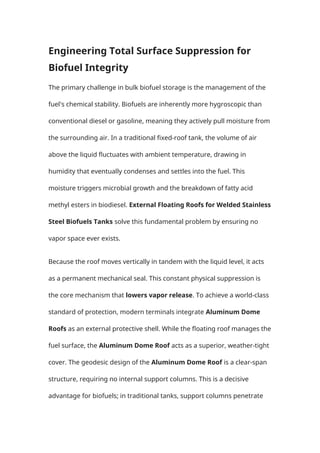 External Floating Roof for Welded Stainless Steel Biofuels Tank ...