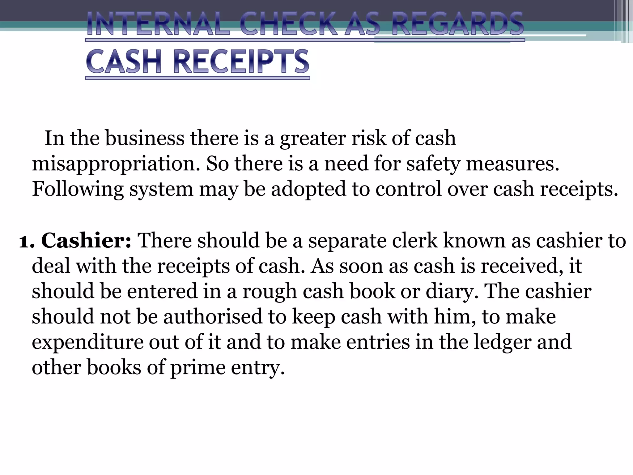 Internal check regarding cash receipts and cash payment | PPTX