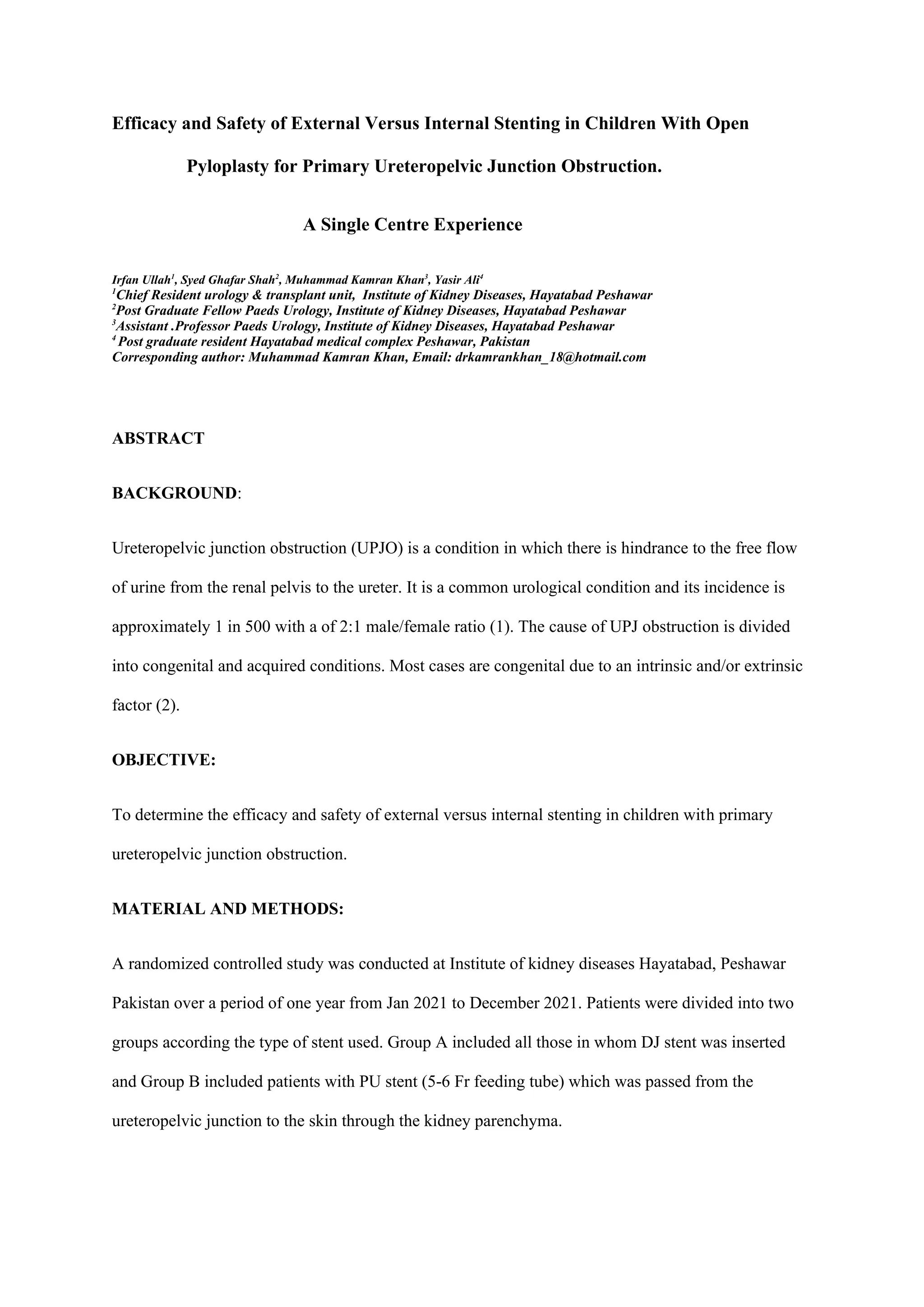External Vs internal stenting in pyeloplasty.docx