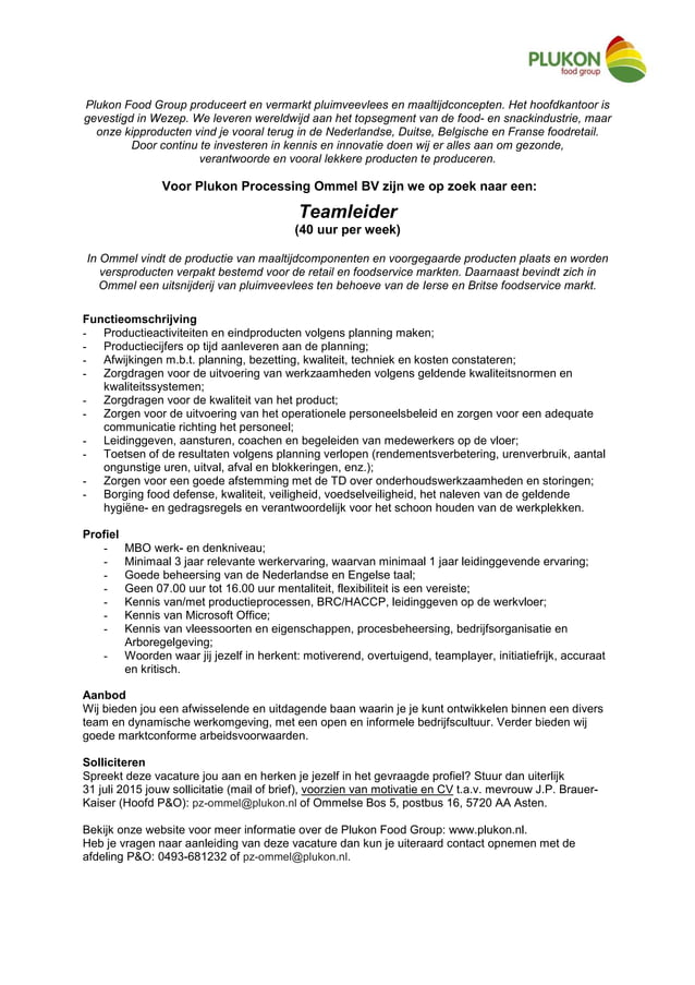 Vacature teamleider productieafdeling inpak | PDF