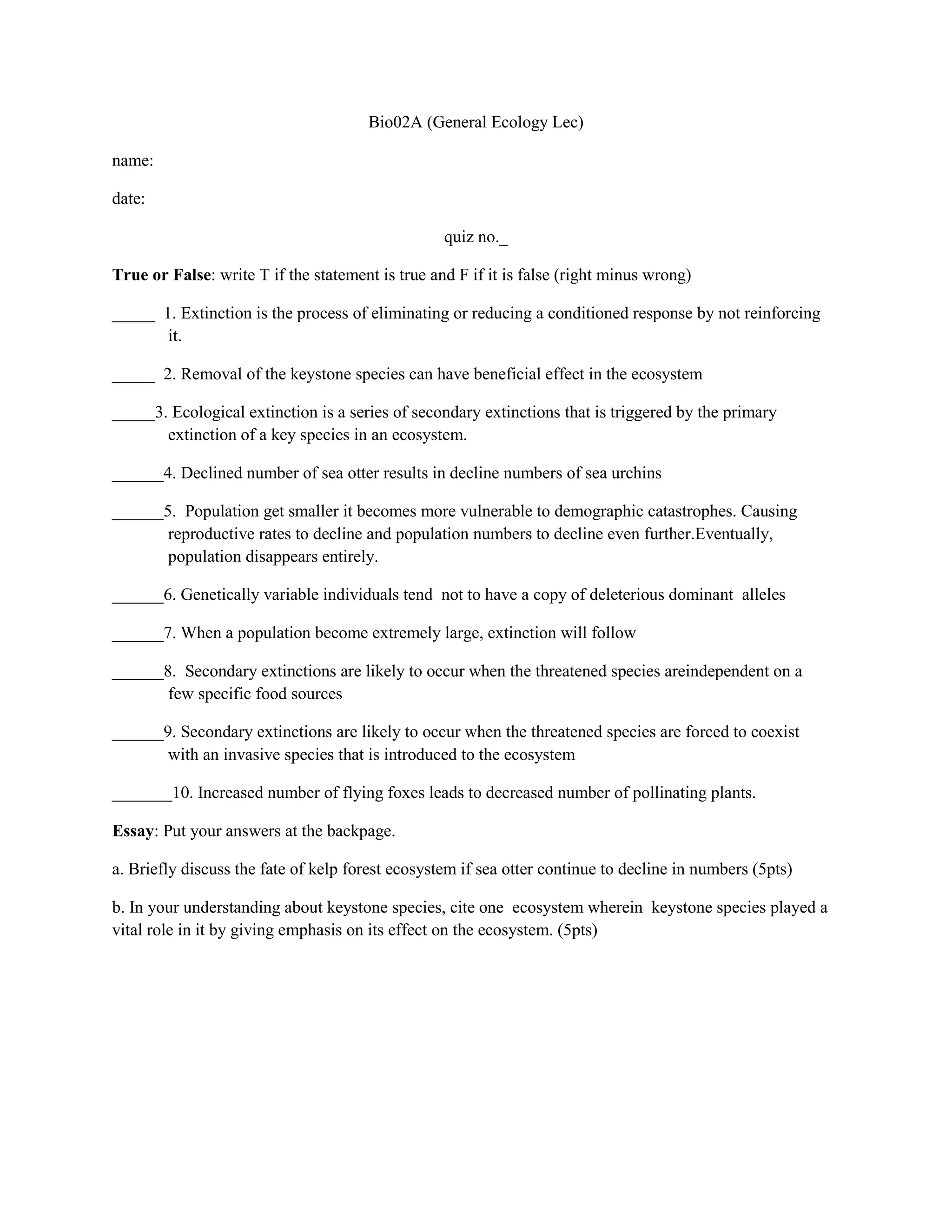 Extinction cascade quiz | DOCX