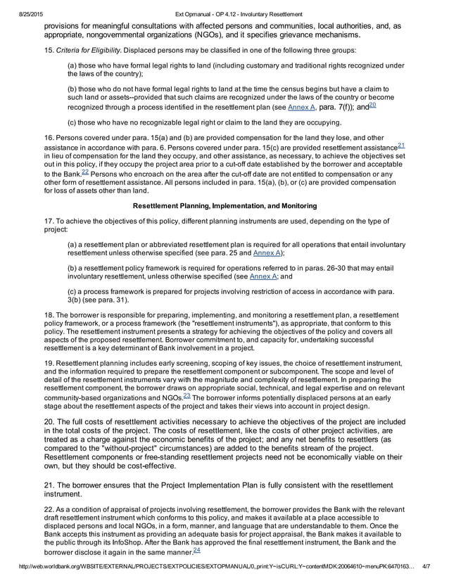 WB/OP 4.12 Involuntary Resettlement | PDF