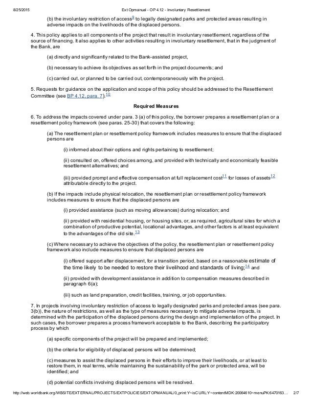 WB/OP 4.12 Involuntary Resettlement