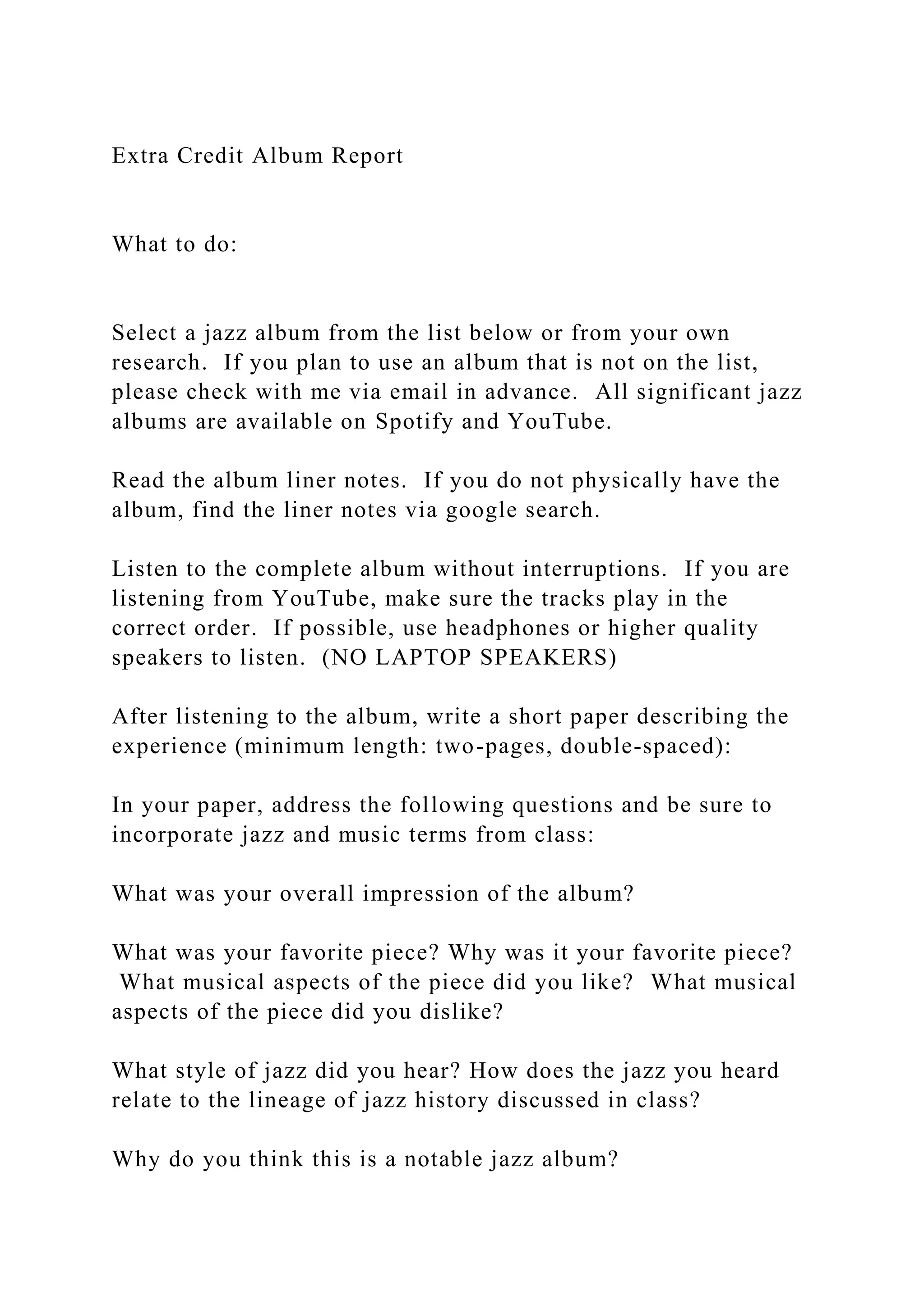 Extra Credit Album ReportWhat to doSelect a jazz album .docx