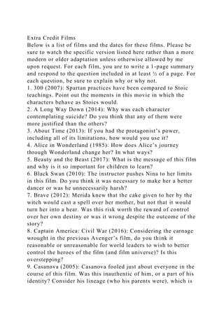 Extra Credit FilmsBelow is a list of films and the dates for these.docx