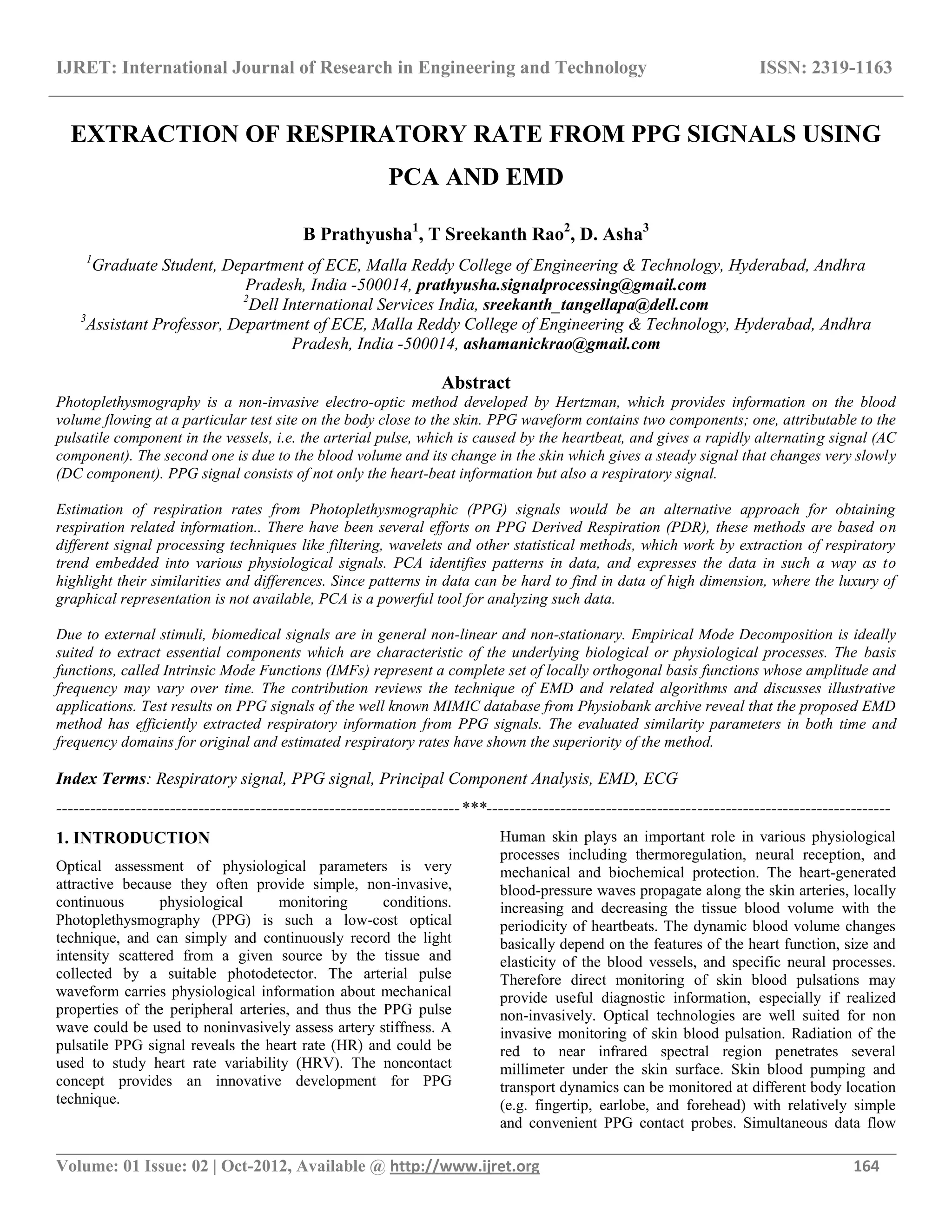 Extraction Of Respiratory Rate From Ppg Signals Using Pca And Emd Pdf