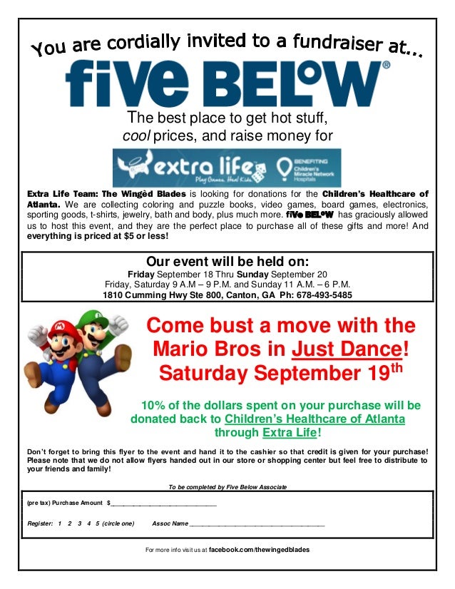 Extra Life Fundraiser Flyer - Five Below - Mario & Luigi Just Dance 2…