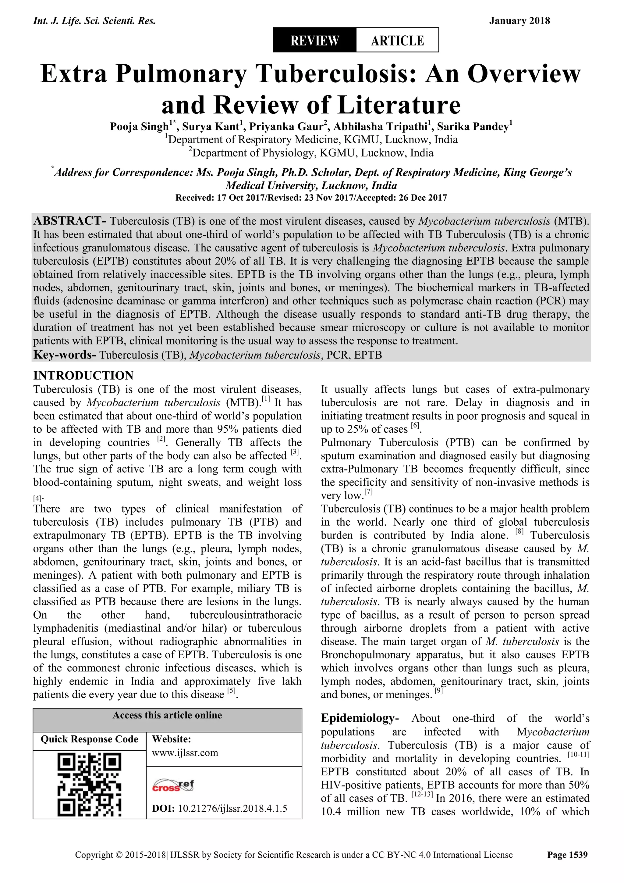 Extra pulmonary tuberculosis_an_overview_and_review_of_literature | PDF | Lung and Respiratory ...