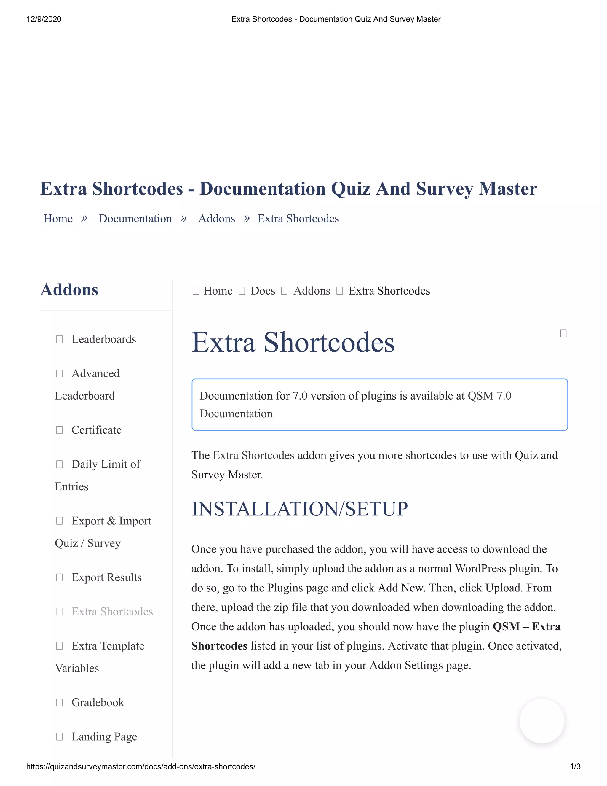 Extra shortcodes documentation quiz and survey master | PDF