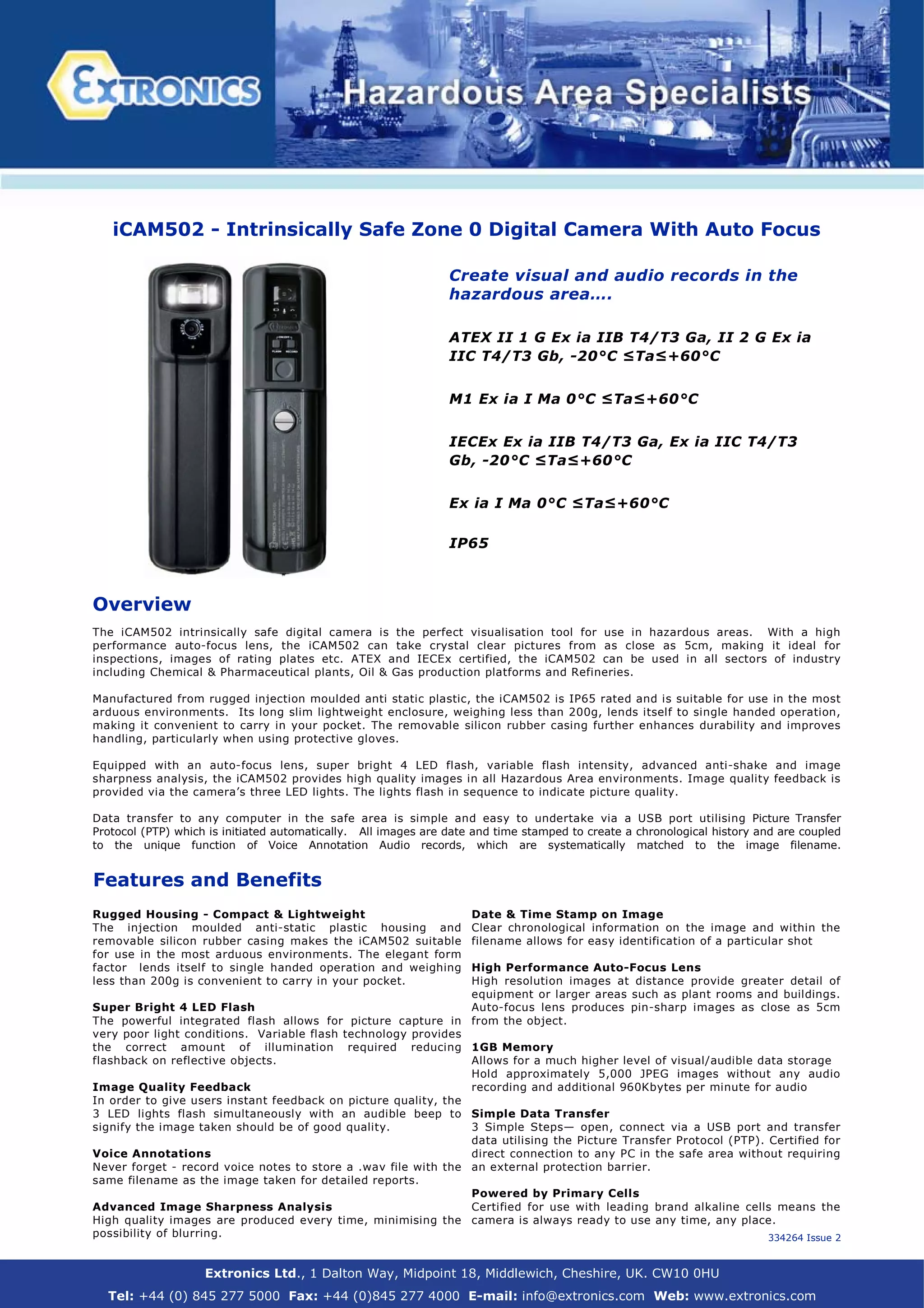 Extronics iCAM502 Camera - Hazardous Area ATEX Cameras | PDF