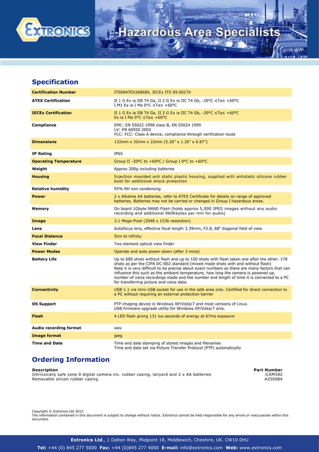 Extronics iCAM502 Camera - Hazardous Area ATEX Cameras | PDF