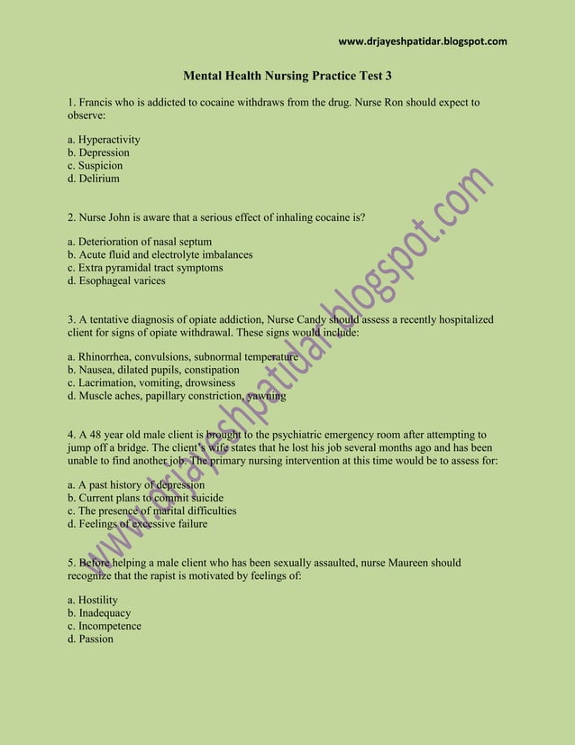 Mental health nursing practice test 3 | PDF